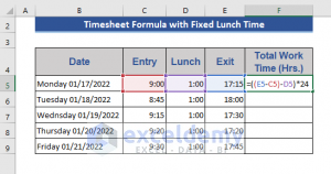 Excel Timesheet Formula with Lunch Break (3 Examples) - ExcelDemy