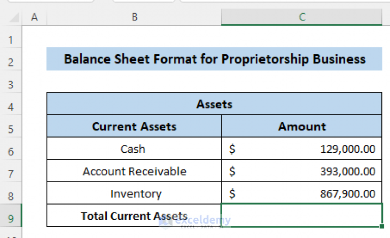 Balance Sheet Format in Excel for Proprietorship Business