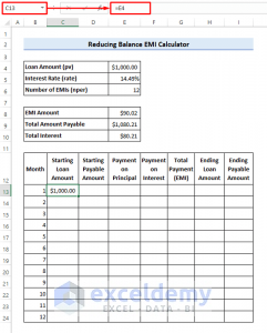 Reducing Balance EMI Calculator in Excel Sheet (Create with Easy Steps)