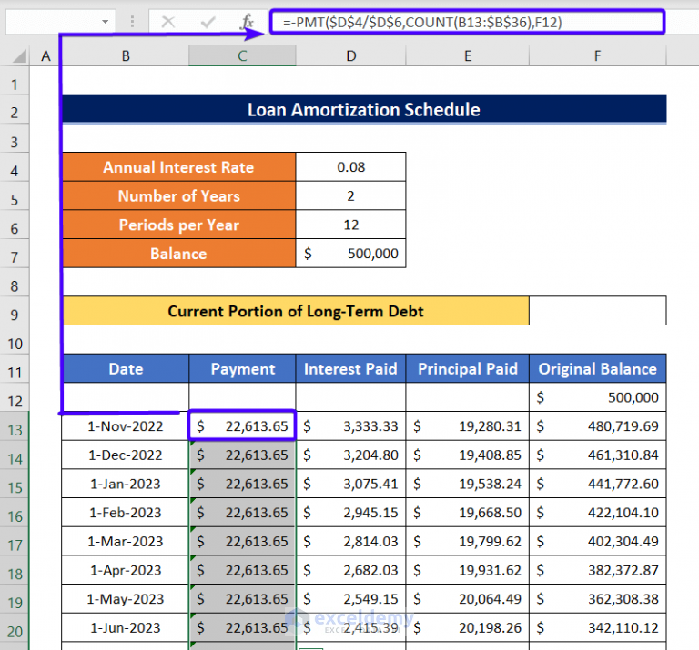 How to Calculate Current Portion Of Long Term Debt in Excel