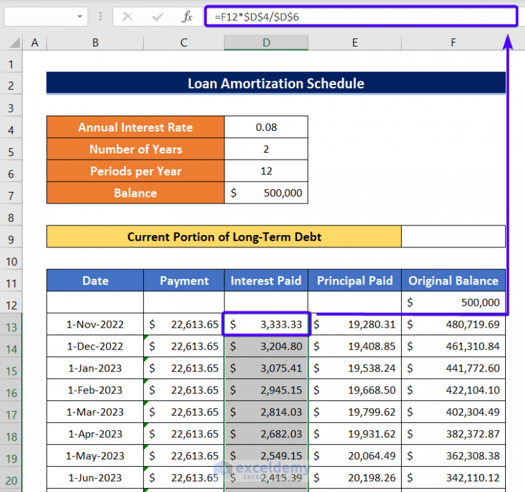 How to Calculate Current Portion Of Long Term Debt in Excel