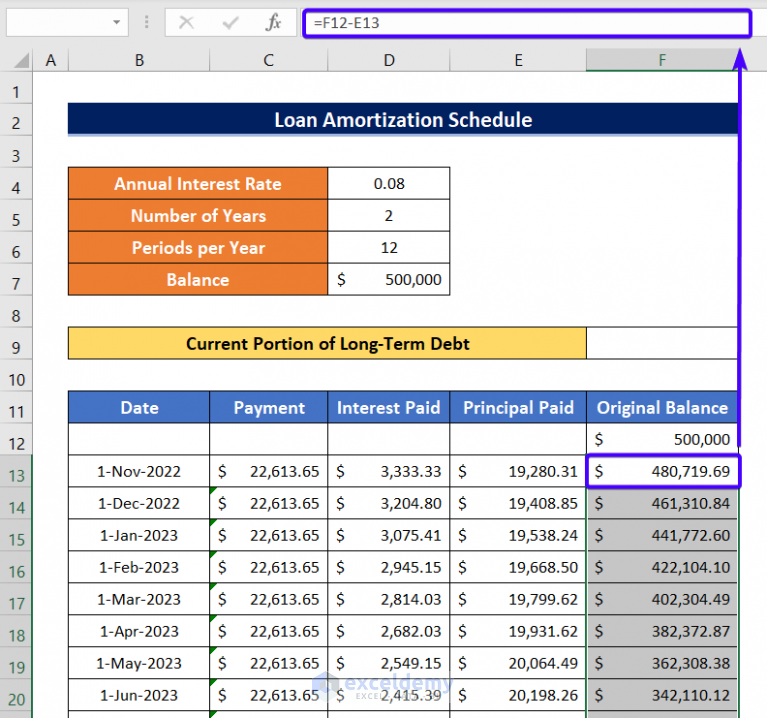 How to Calculate Current Portion Of Long Term Debt in Excel