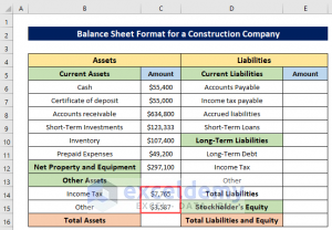 Balance Sheet Format for Construction Company in Excel