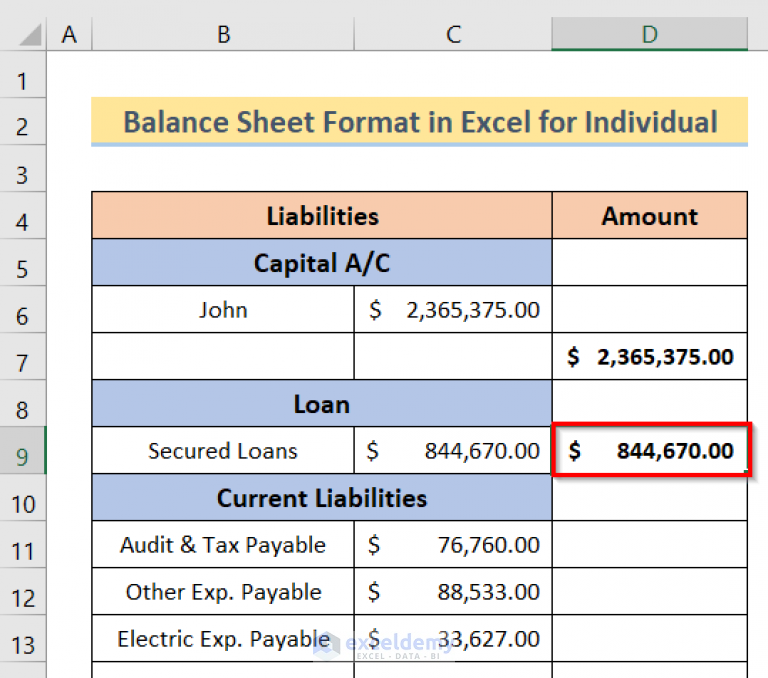 How to Make Balance Sheet Format in Excel for Individual