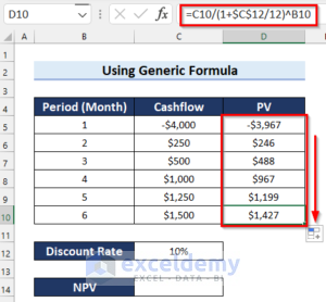 Calculate NPV for Monthly Cash Flows with Formula in Excel