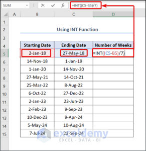 How to Find Number of Weeks Between Two Dates in Excel