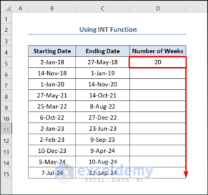 How to Find Number of Weeks Between Two Dates in Excel